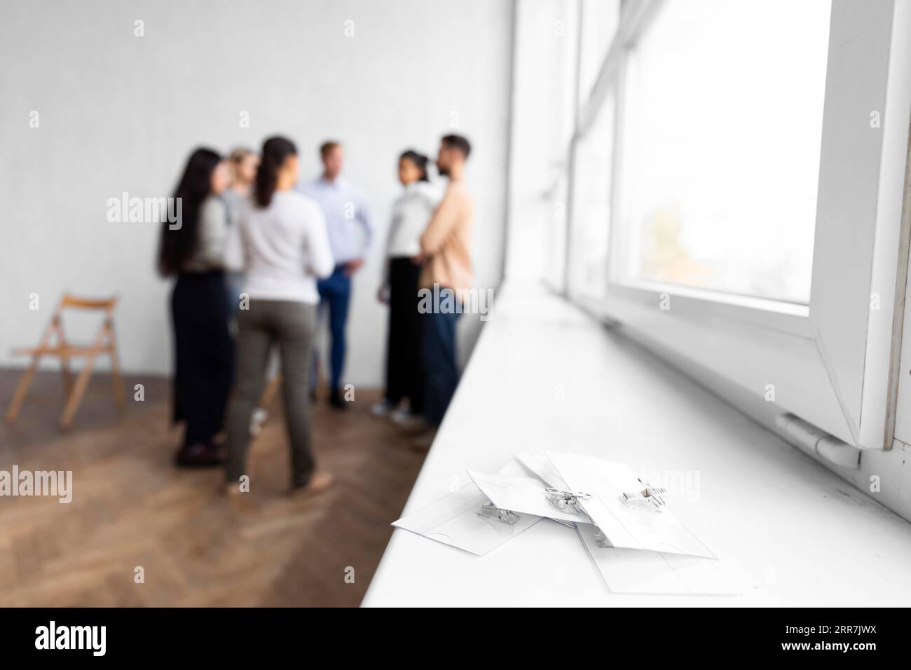 Name tags windowsill group therapy session Stock Photo - Alamy