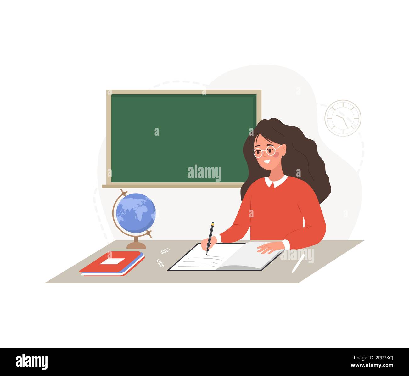 Female teacher in classroom. Pedagogue sitting at table and checking ...
