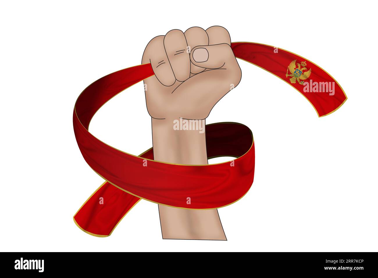 3D illustration. Hand holding flag of Montenegro on a fabric ribbon ...