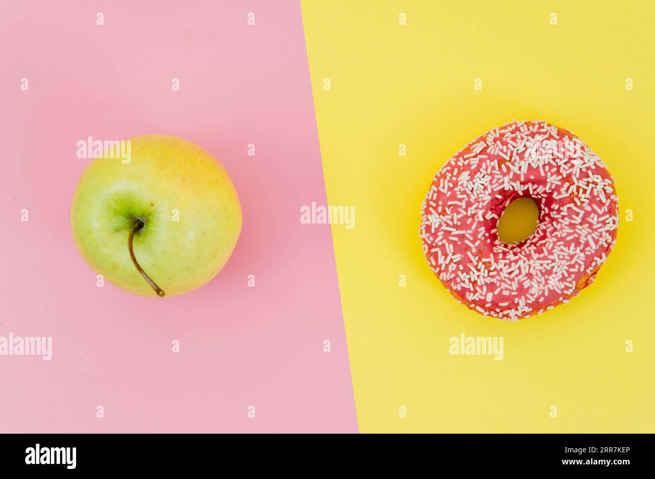 Top view donut vs fruit Stock Photo - Alamy