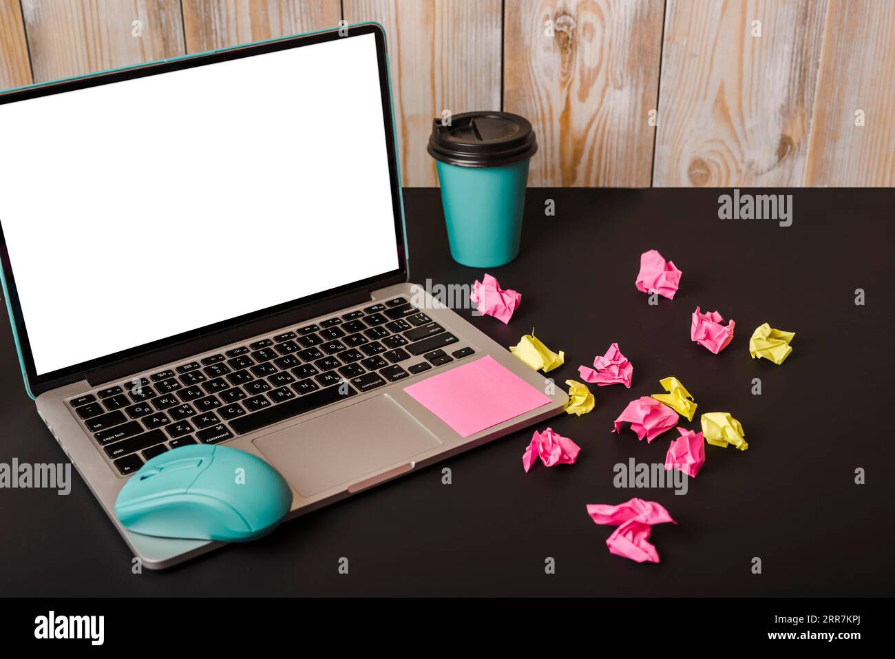 Turquoise mouse adhesive note takeaway cup crumpled paper laptop ...