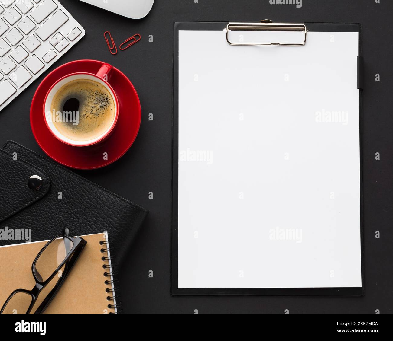 Flat lay desk with paper coffee cup Stock Photo - Alamy