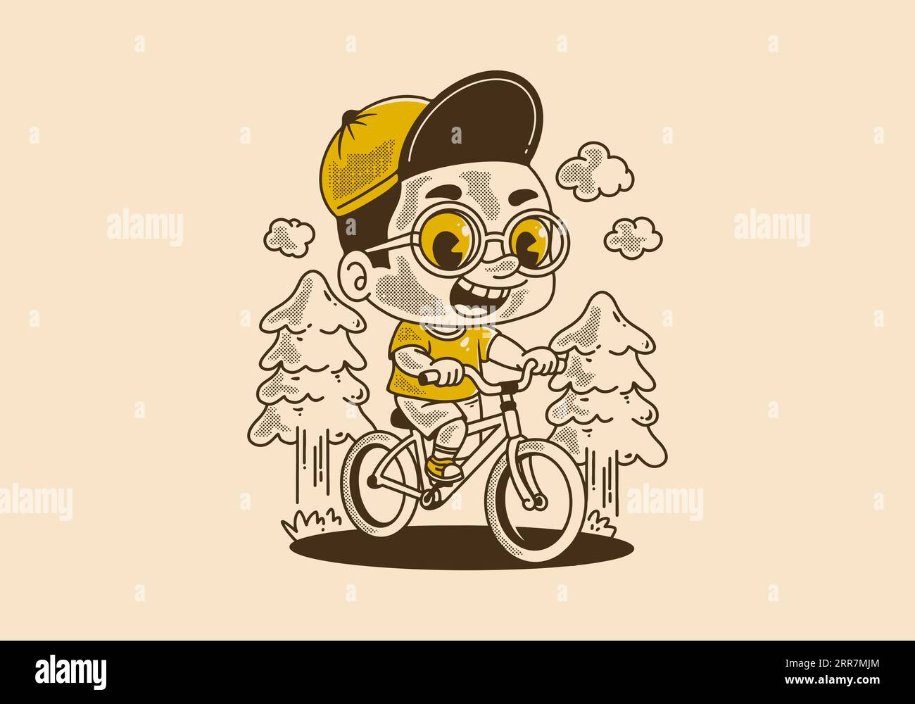 illustration of A boy riding bicycle, pine trees, retro style Stock ...