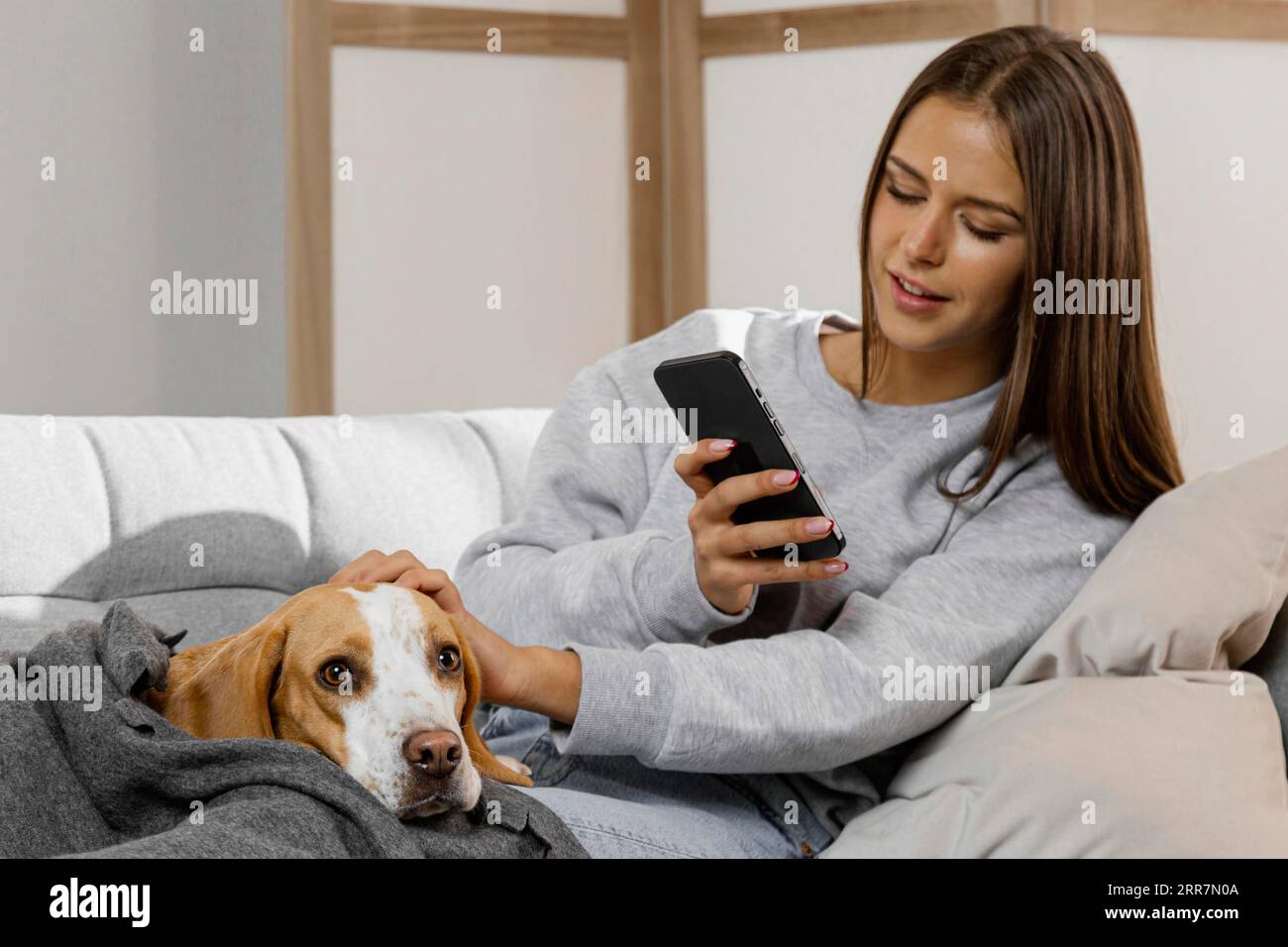 Medium shot girl with phone dog Stock Photo - Alamy