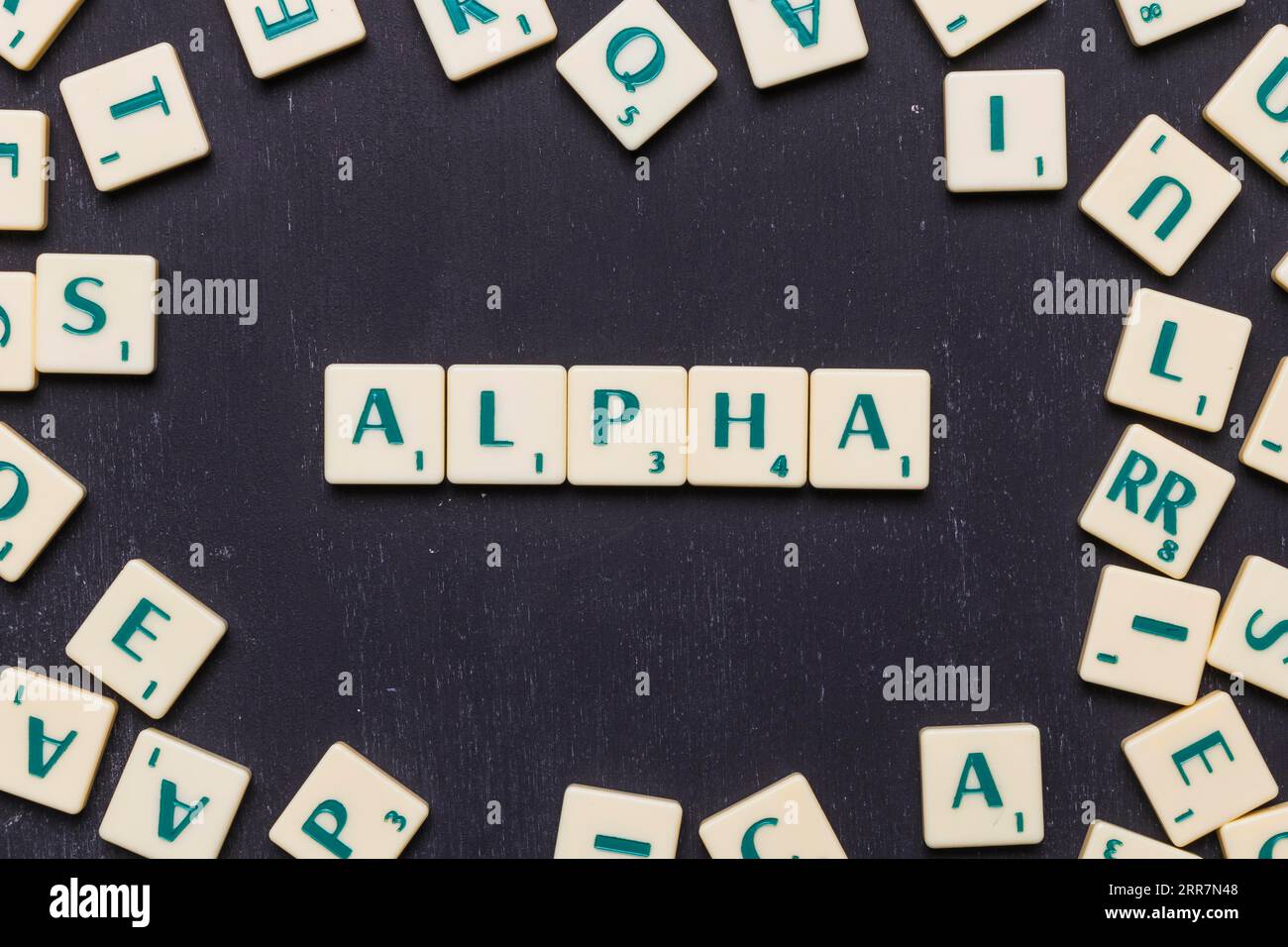 Overhead view alpha text scrabble letters black backdrop Stock Photo ...