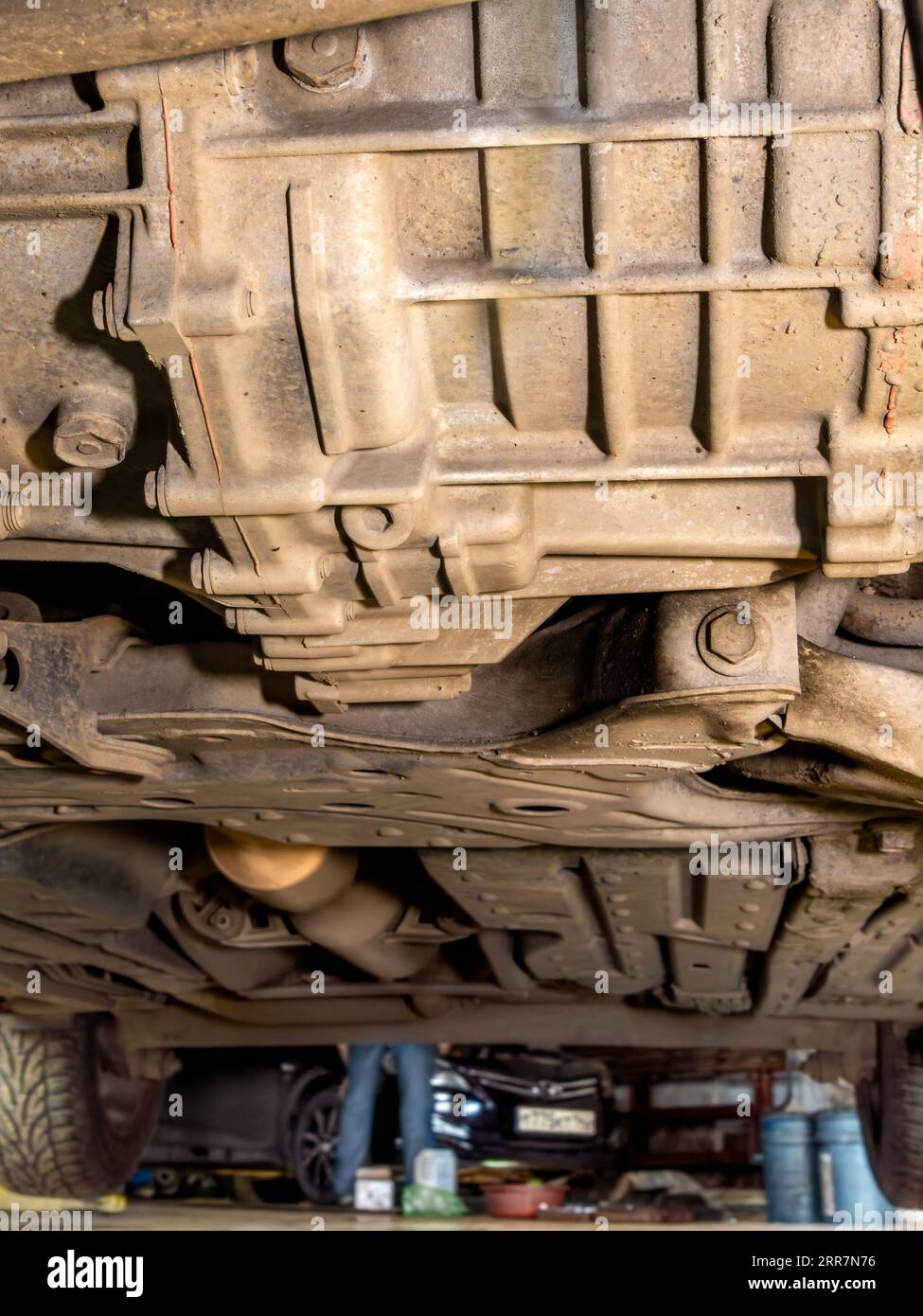 car service, view of a passenger car from below - the engine with the ...