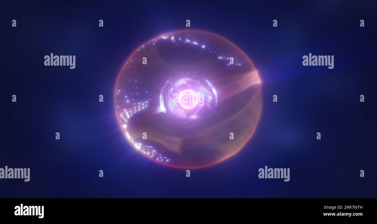Abstract purple energy sphere with flying glowing bright particles ...