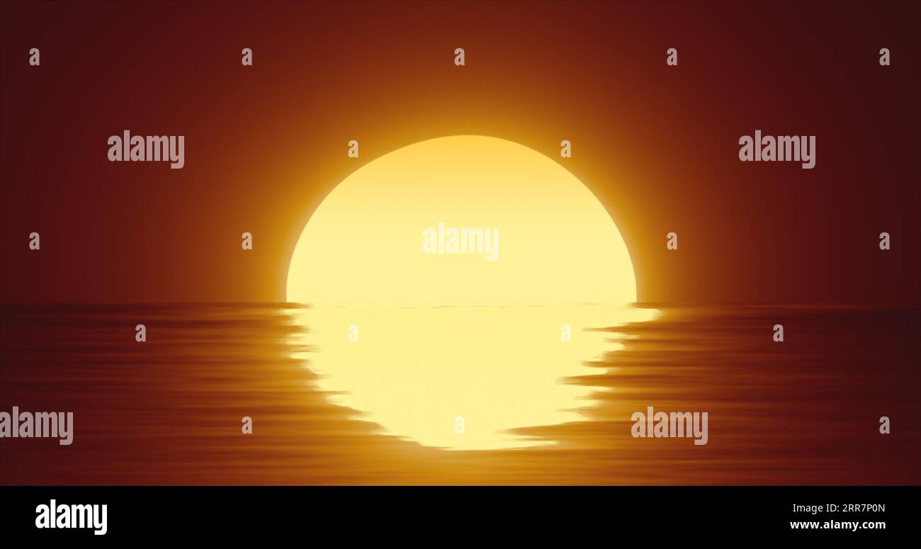 Abstract orange sun over water and horizon with reflections background ...