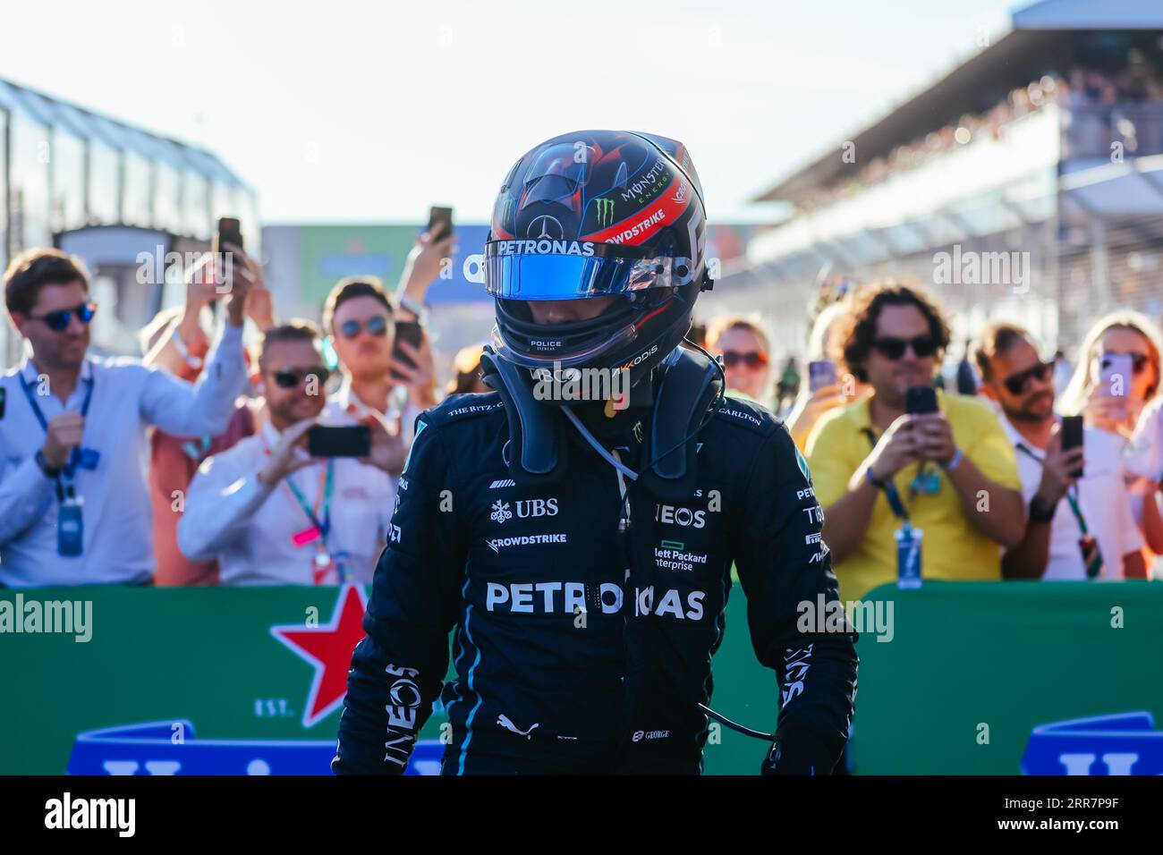 MELBOURNE, AUSTRALIA, APRIL 10: George Russell of Mercedes exits his ...