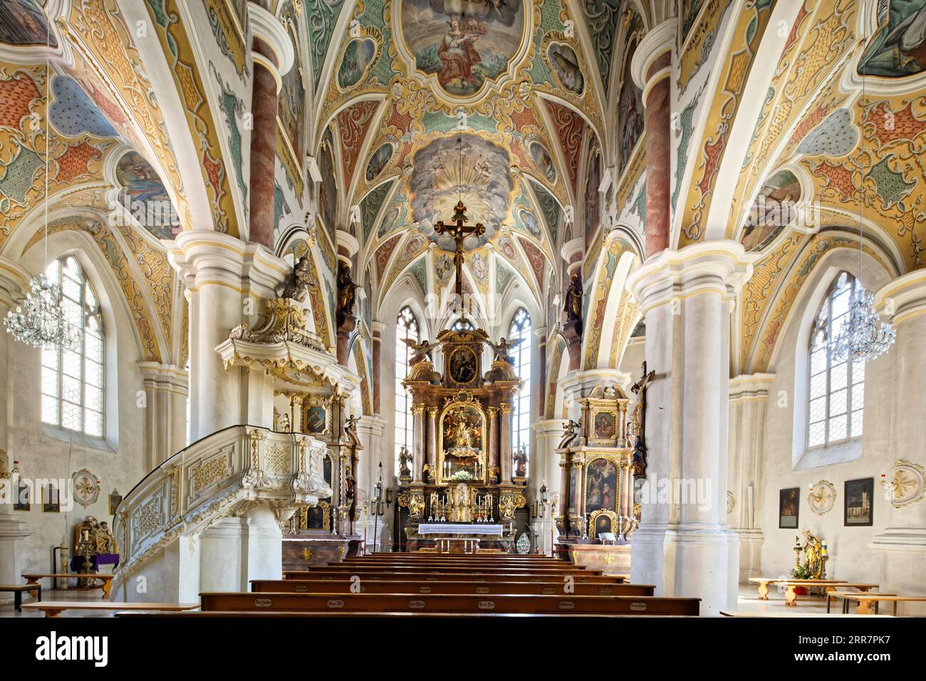 Nave with pulpit, ceiling frescoes and high altar with grace image of the Enthroned Mother of ...
