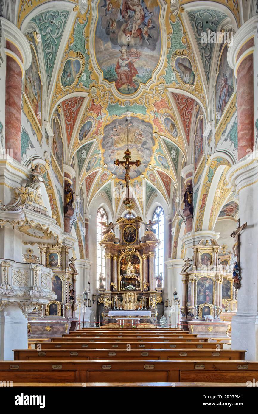 Nave with pulpit, ceiling frescoes and high altar with grace image of the Enthroned Mother of ...