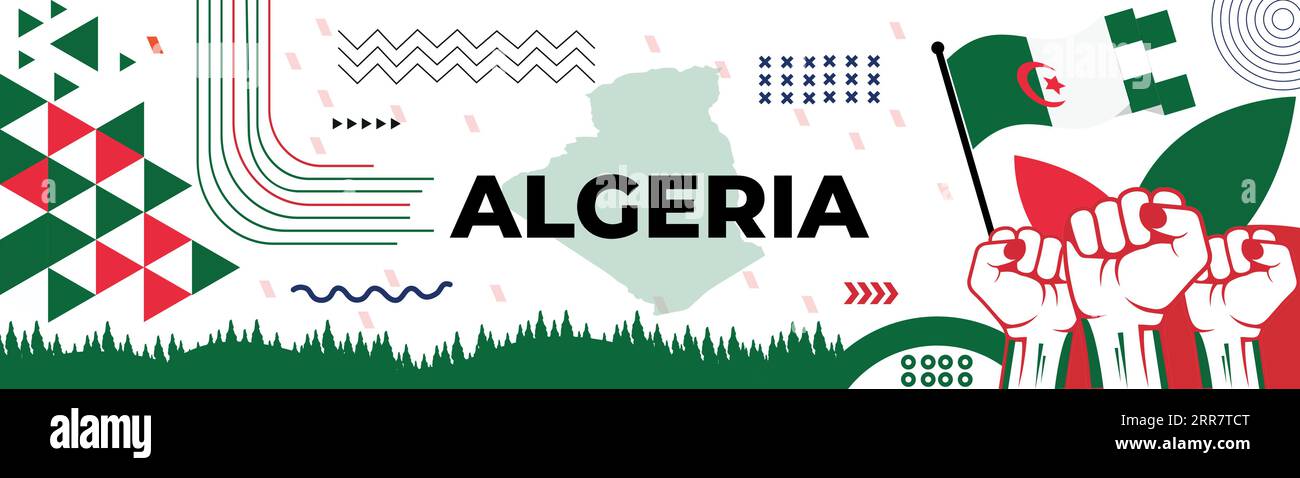 ALGERIA national day banner with map, flag colors theme background and ...