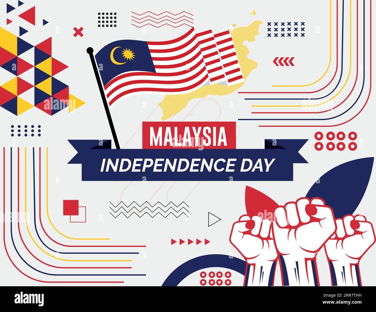 Malaysia national day banner with map, flag colors theme background and ...