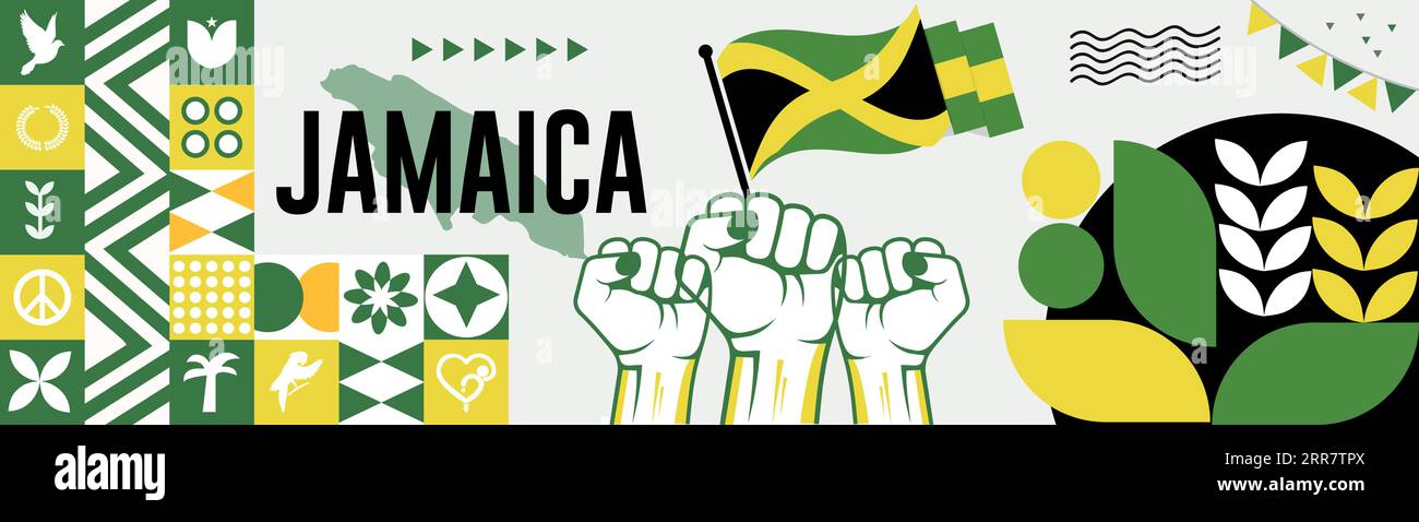 JAMAICA national day banner with map, flag colors theme background and ...