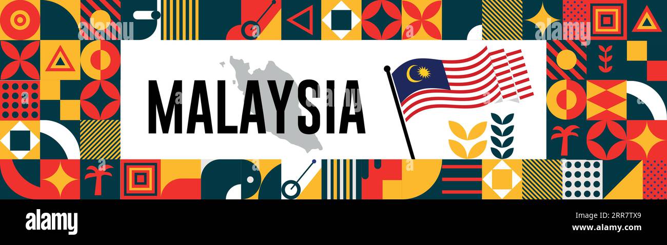 Malaysia national day banner with map, flag colors theme background and ...