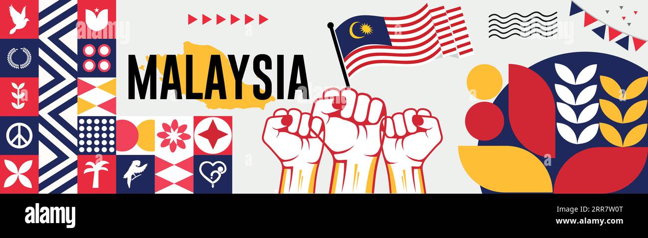 Malaysia national day banner with map, flag colors theme background and ...