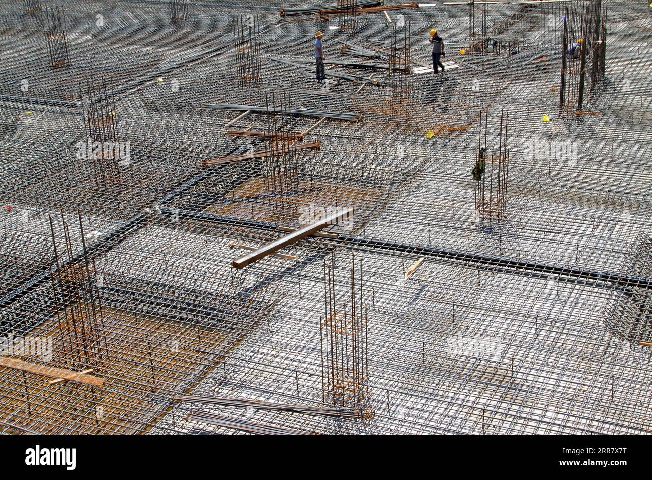 Reinforced concrete casting framework in a construction site, closeup ...