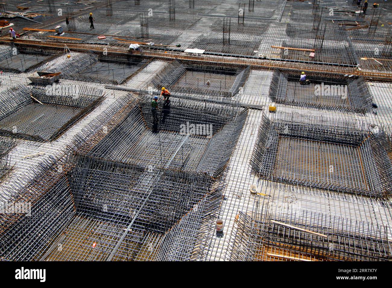 Reinforced concrete casting framework in a construction site, closeup ...