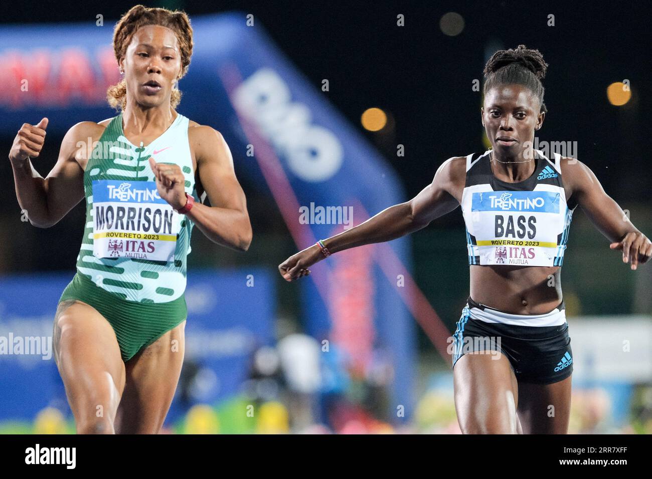(L to R) Natasha Morrison (JAM) and Gina Bass (GAM) in action during ...