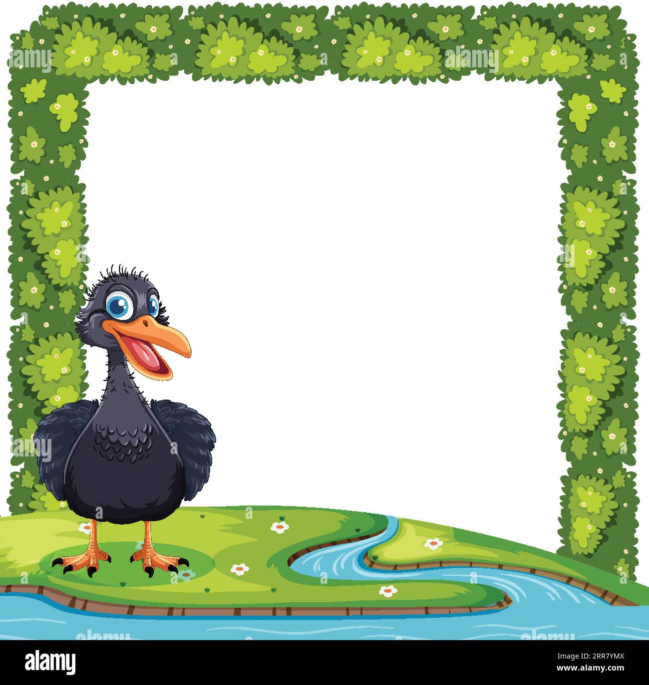 A vector cartoon illustration of a black duck in a nature-themed border ...