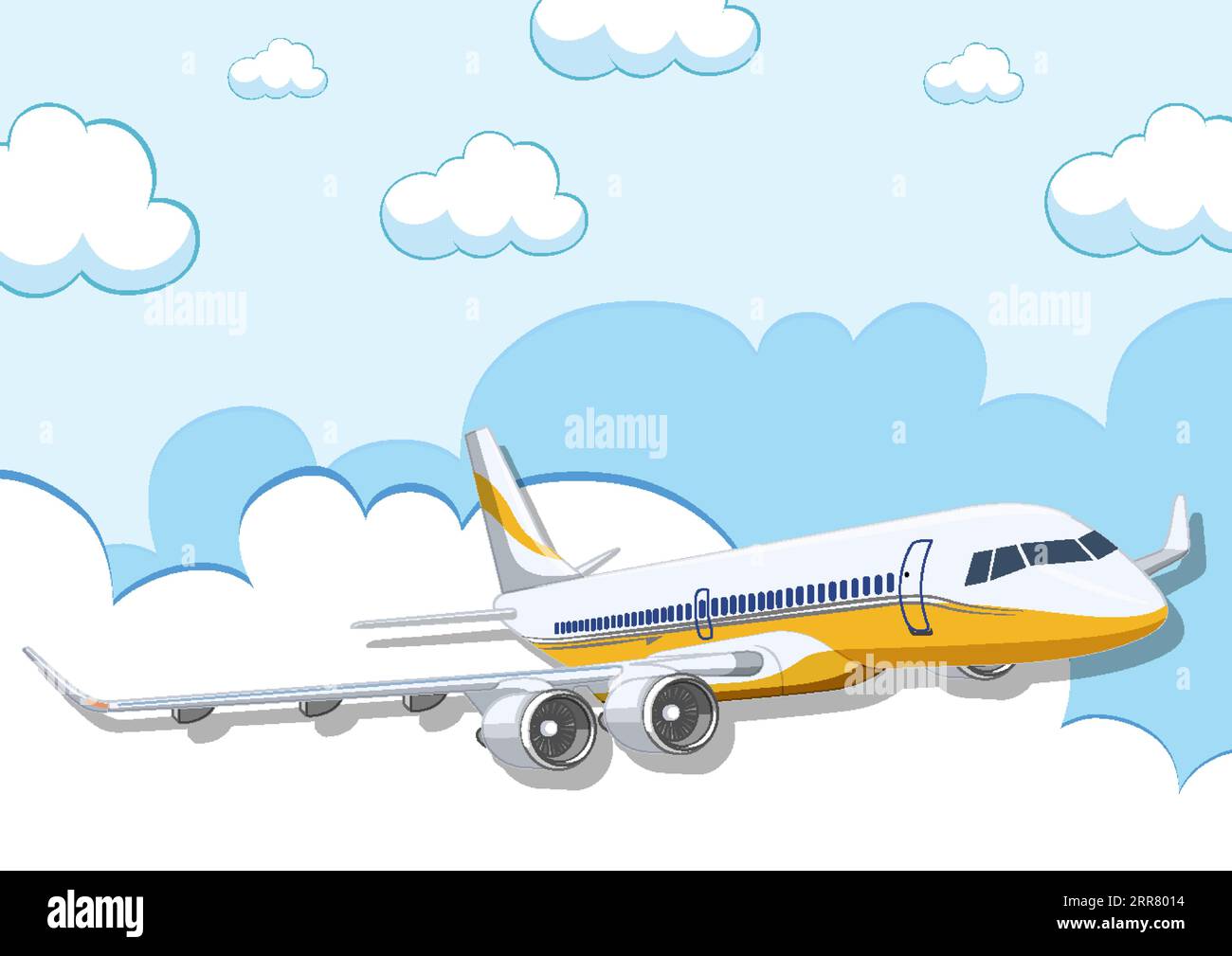 A cartoon illustration of a commercial airline plane flying against a ...