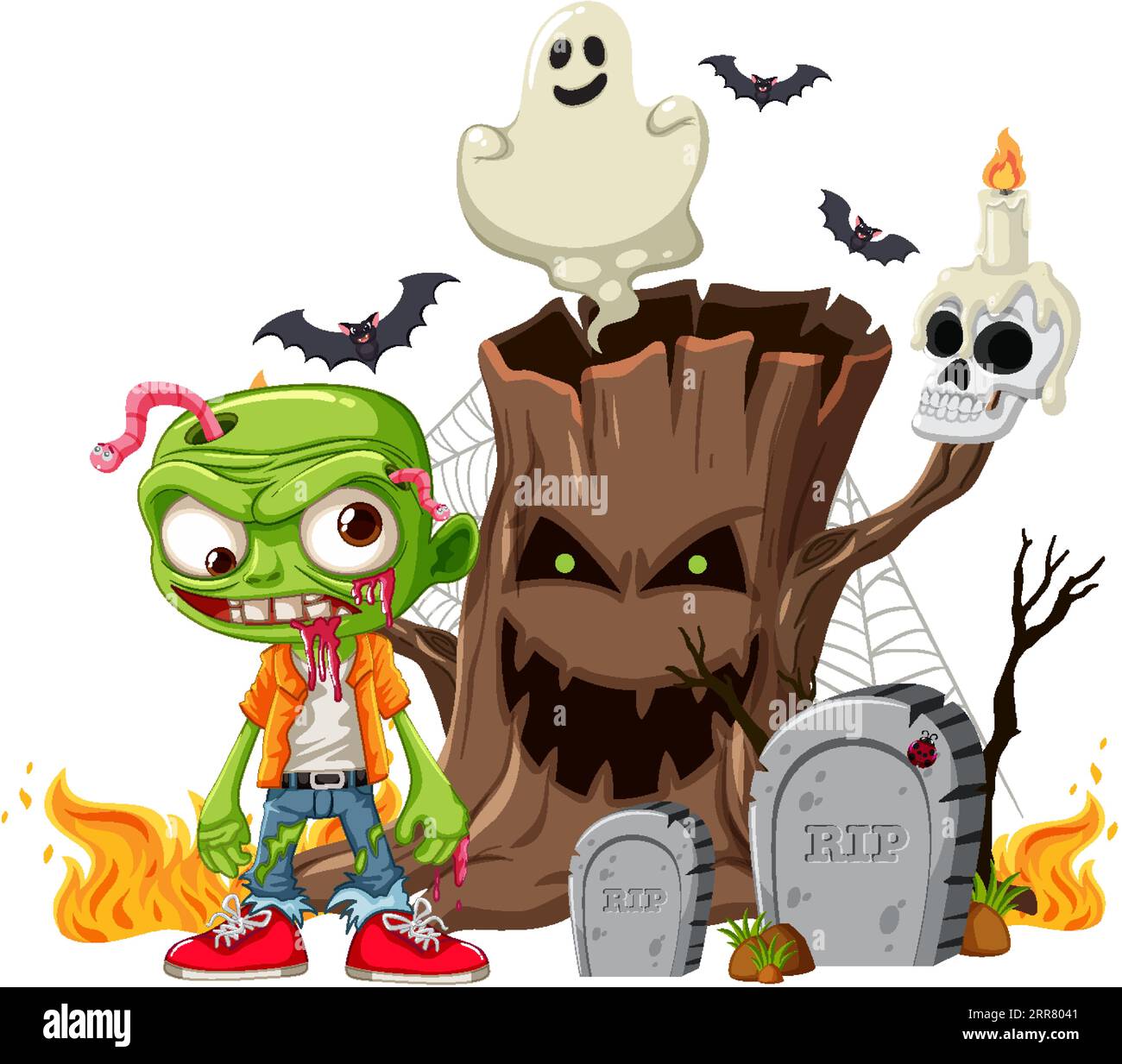 A spooky Halloween cartoon illustration featuring a zombie and ghost ...