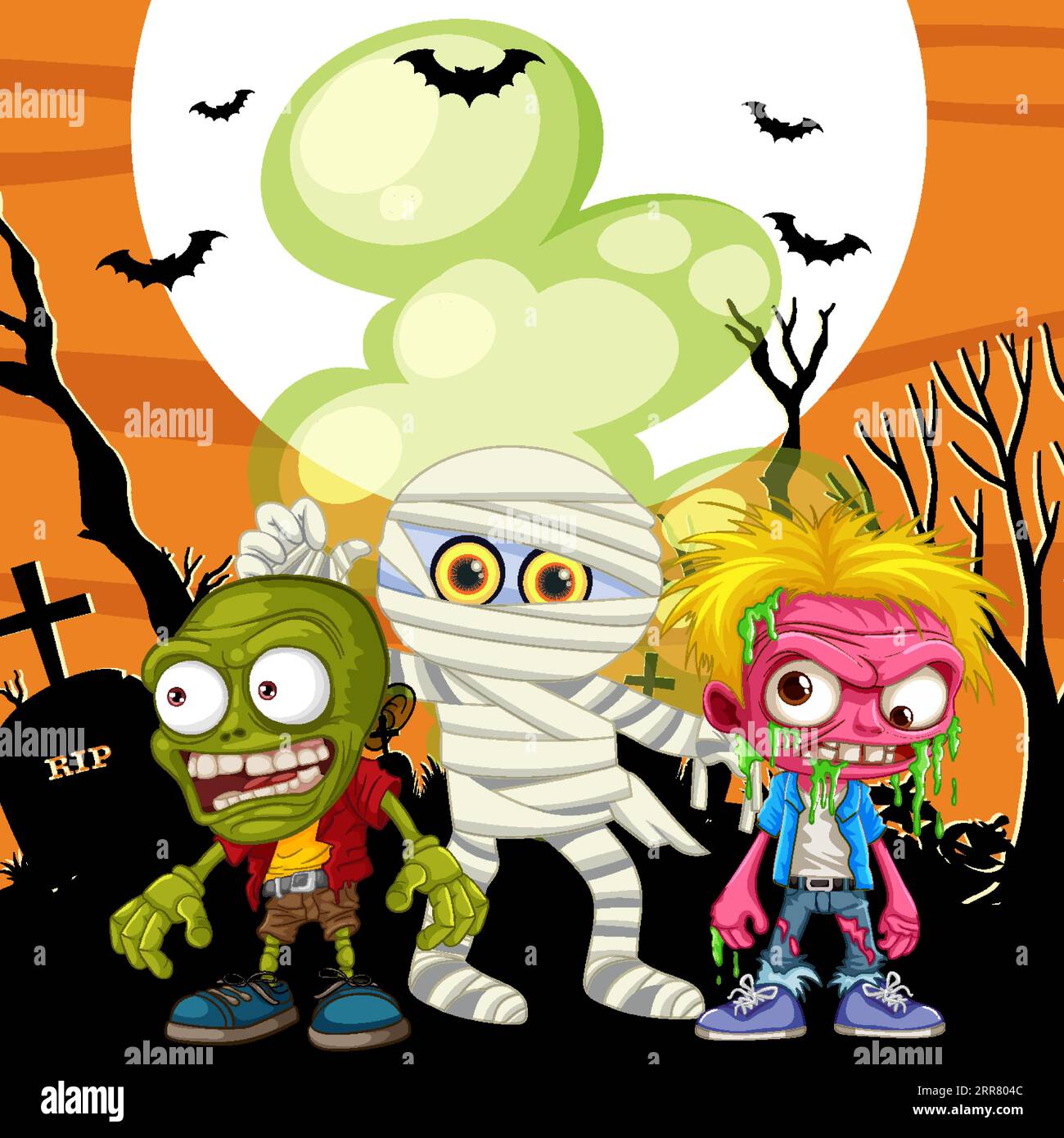 Spooky cartoon characters explore a cemetery on Halloween night Stock ...