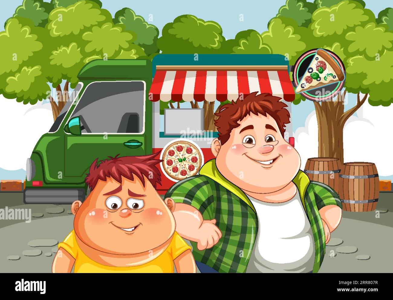 Two Fat Men in Front of Food Truck illustration Stock Vector Image ...