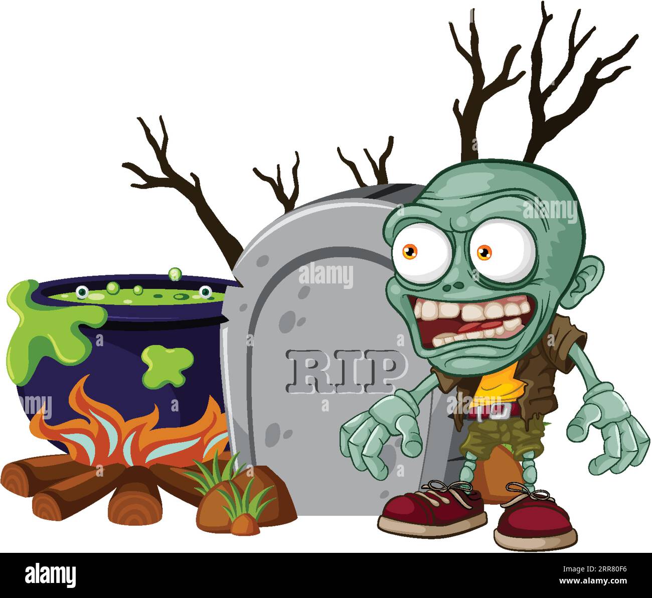 A vector cartoon illustration of a zombie brewing a potion near a ...
