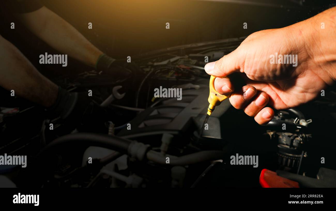 The mechanic is pulling the oil dipstick in the car engine compartment to check the motor oil ...