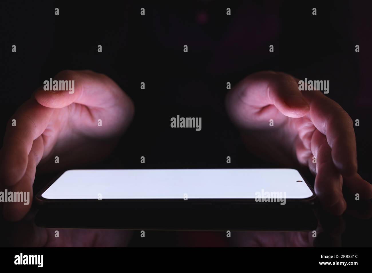 Tablet with copy space and glowing light screen and caucasian hands on ...
