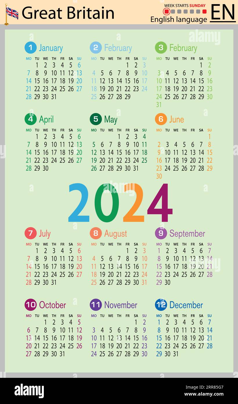 English vertical pocket calendar for 2024 (two thousand twenty four ...