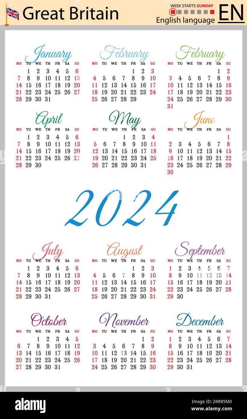 English vertical pocket calendar for 2024 (two thousand twenty four ...
