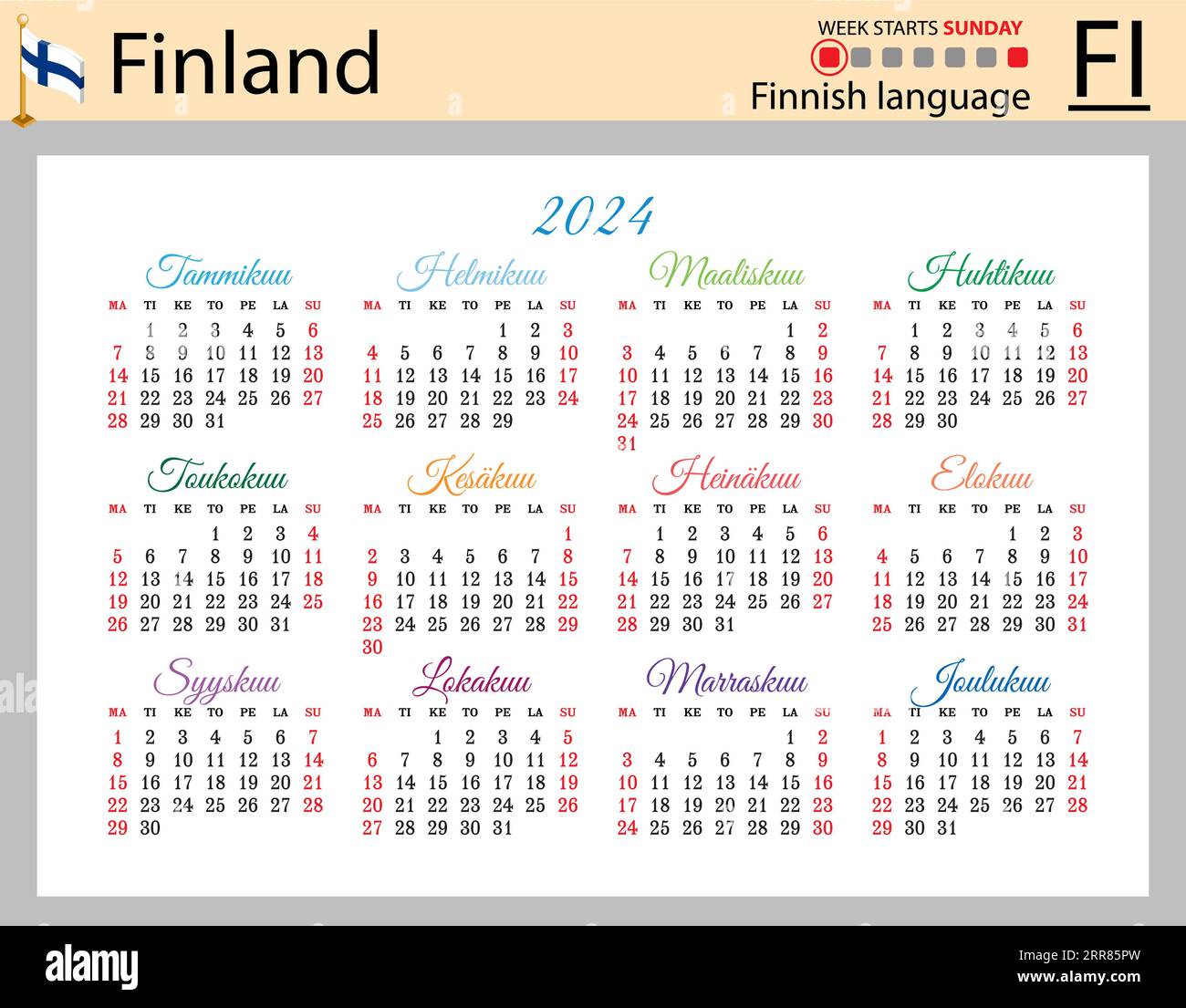 Finnish horizontal pocket calendar for 2024 (two thousand twenty four ...