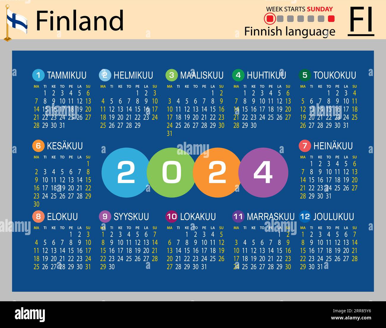 Finnish horizontal pocket calendar for 2024 (two thousand twenty four ...