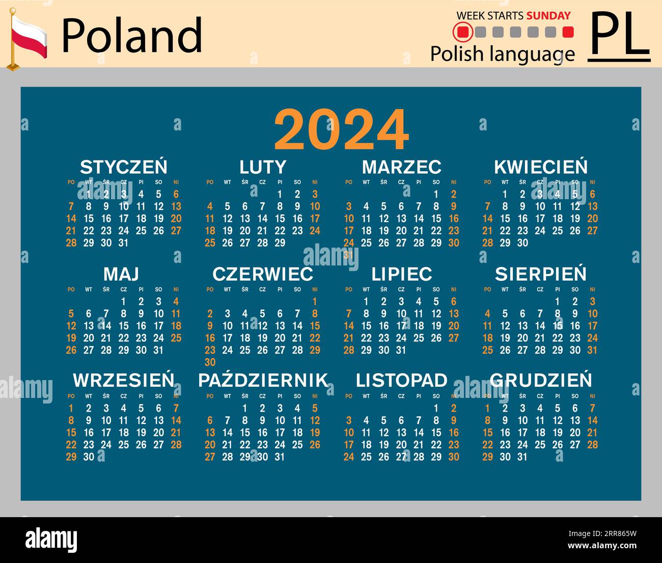 Polish horizontal pocket calendar for 2024 (two thousand twenty four ...