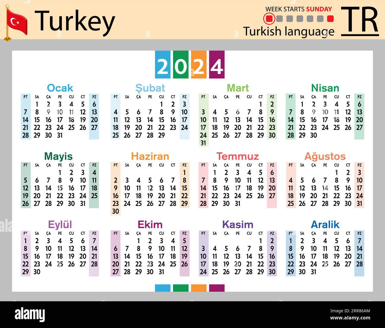 Turkish horizontal pocket calendar for 2024 (two thousand twenty four ...