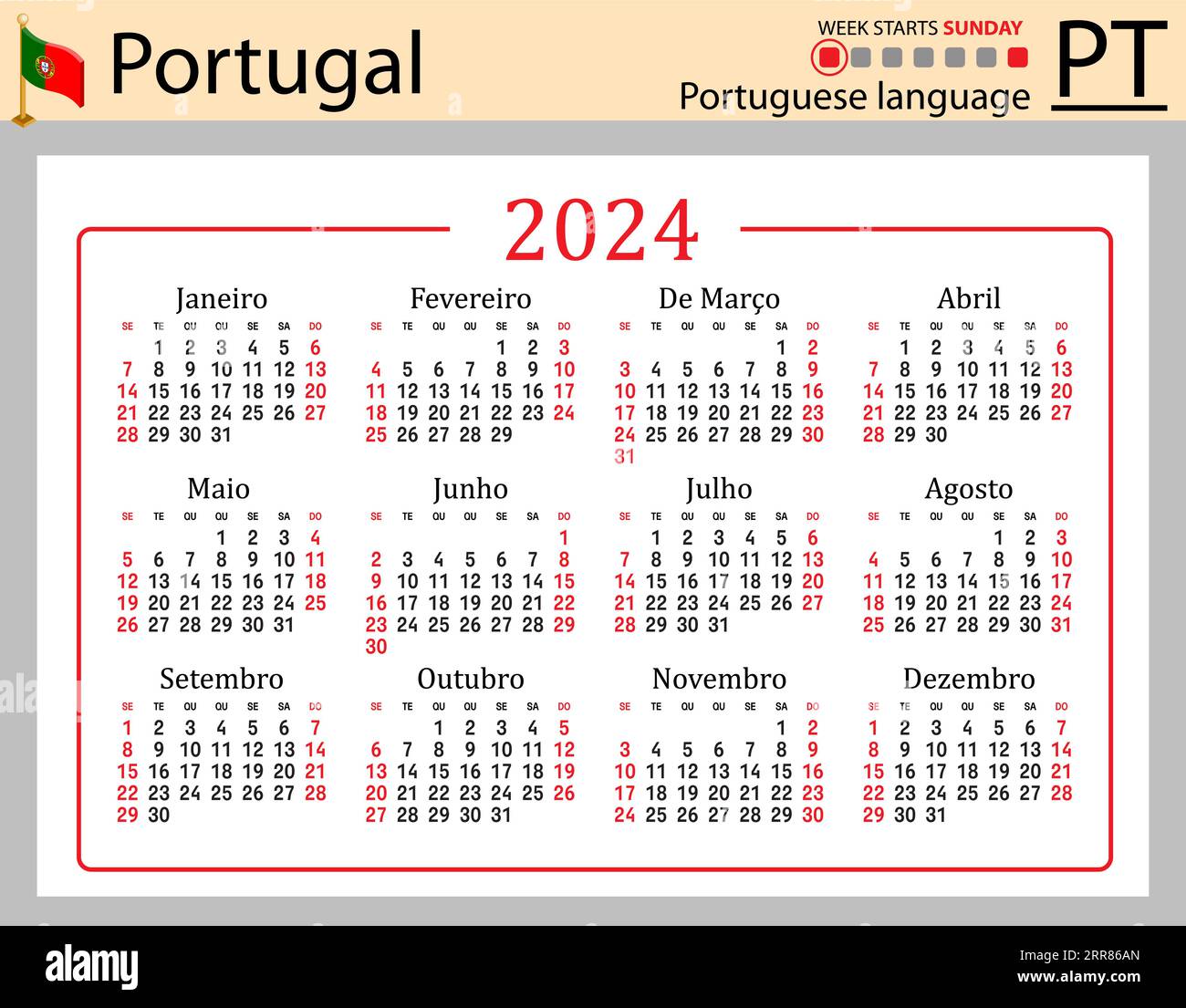 Portuguese horizontal pocket calendar for 2024 (two thousand twenty ...