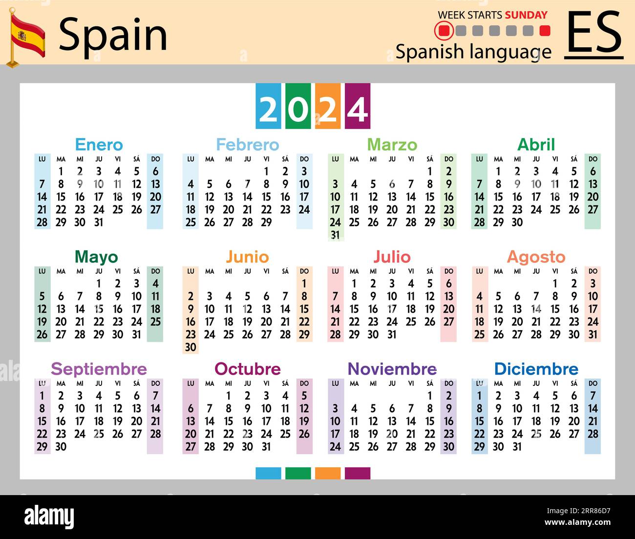 Spanish horizontal pocket calendar for 2024 (two thousand twenty four ...