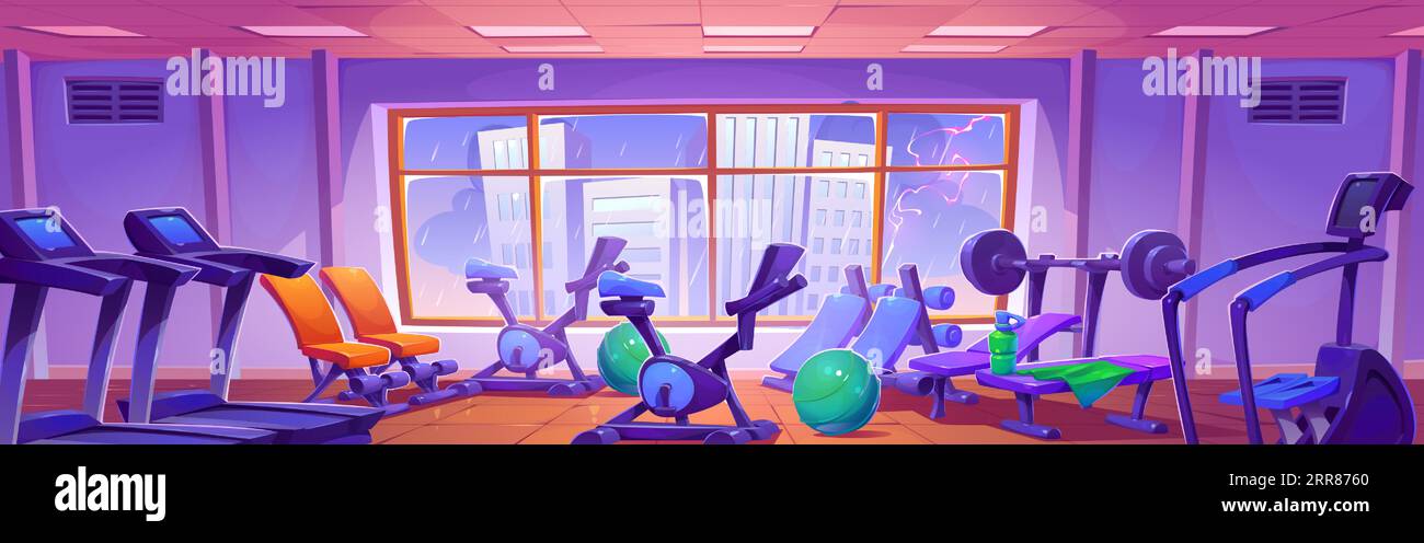Fitness gym interior vector sport workout room with rain city view ...