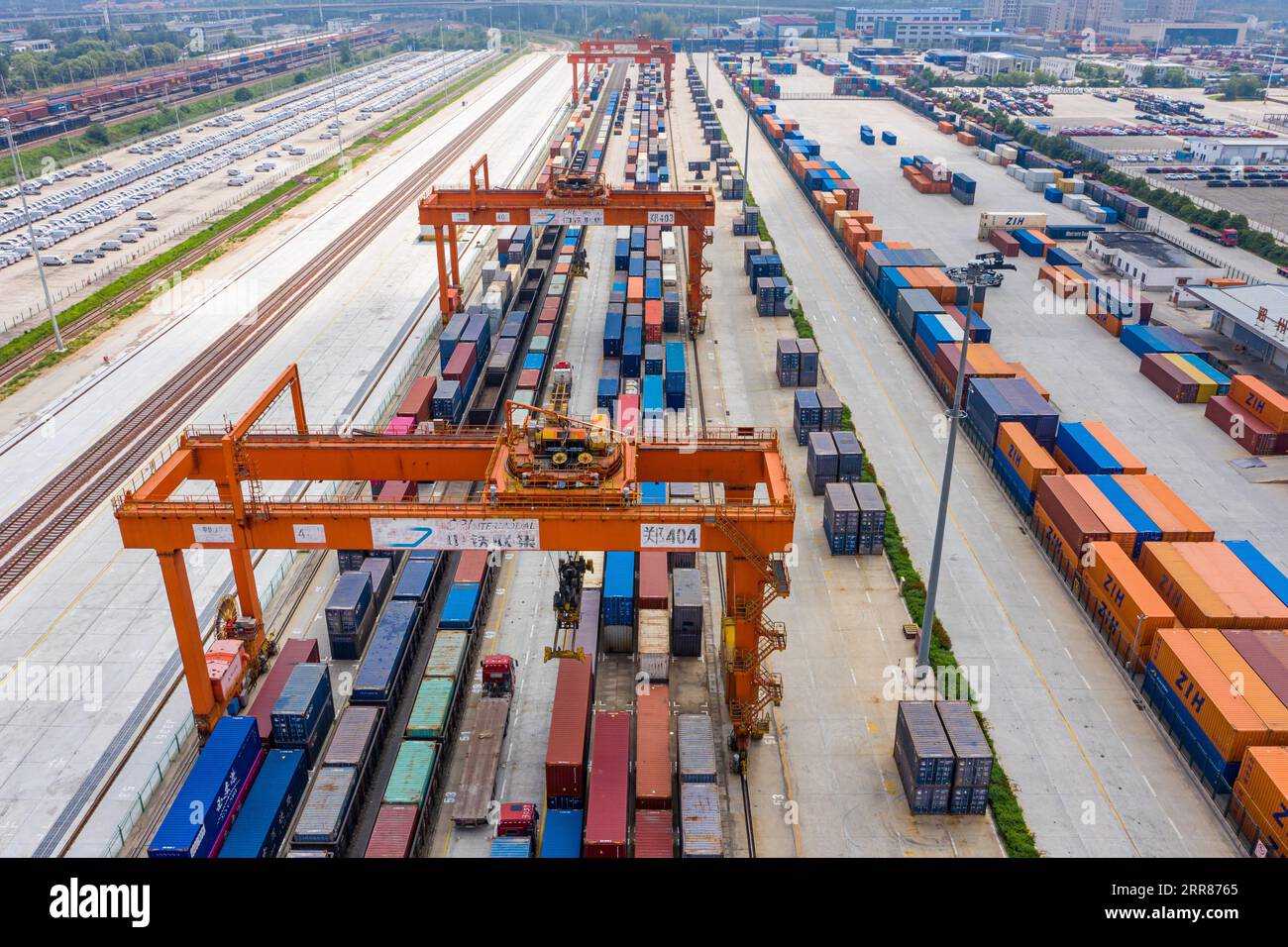 Aerial photo shows the railway inland port in Zhengzhou City, central ...