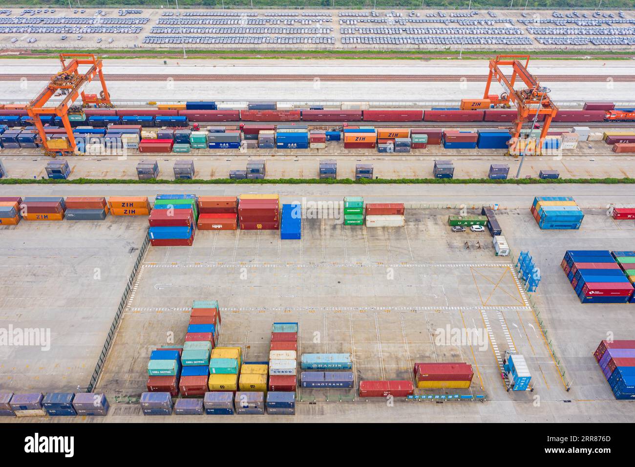 Aerial photo shows the railway inland port in Zhengzhou City, central ...
