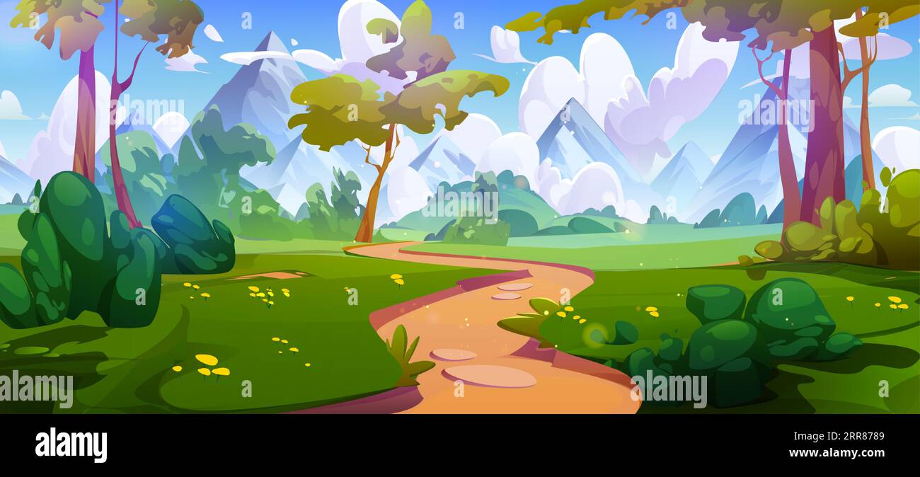 Forest cartoon landscape with walking path among green trees, bushes ...