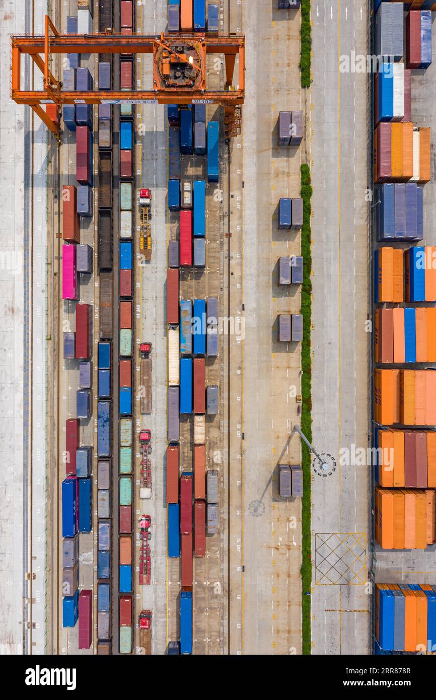 Aerial photo shows the railway inland port in Zhengzhou City, central ...