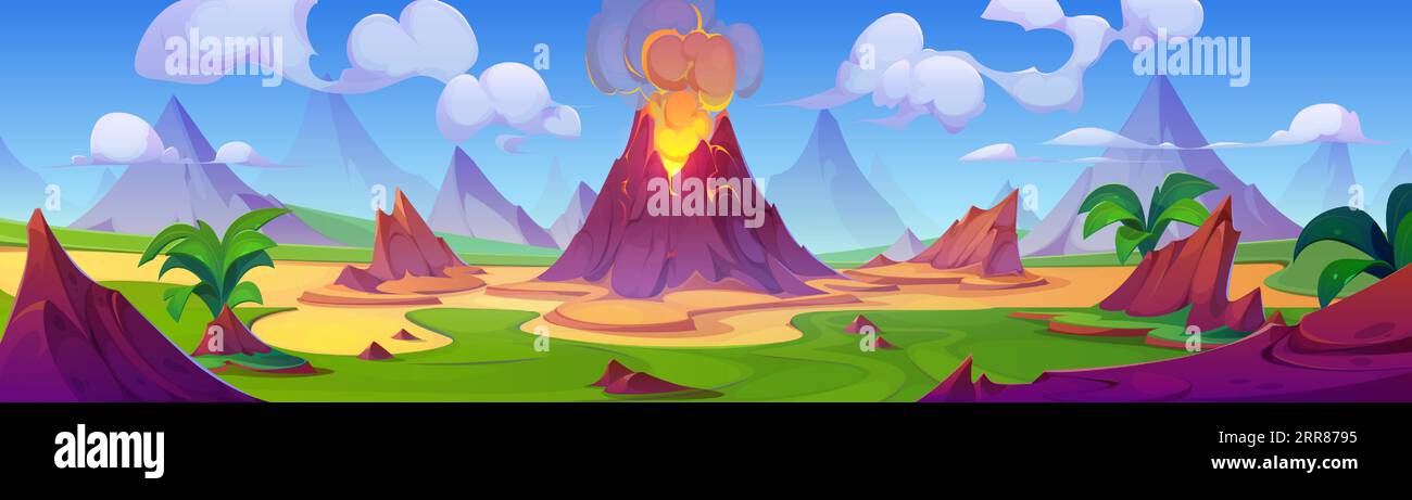 Prehistoric landscape with volcano eruption. Vector cartoon ...