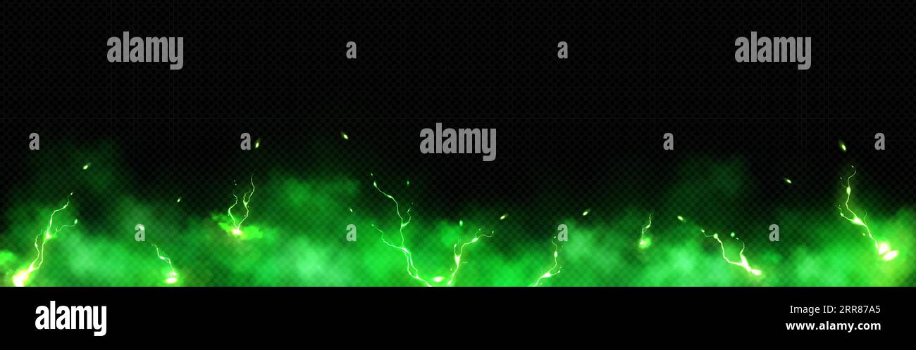 Realistic thunder light and green smoke cloud bottom frame. Mysterious ...