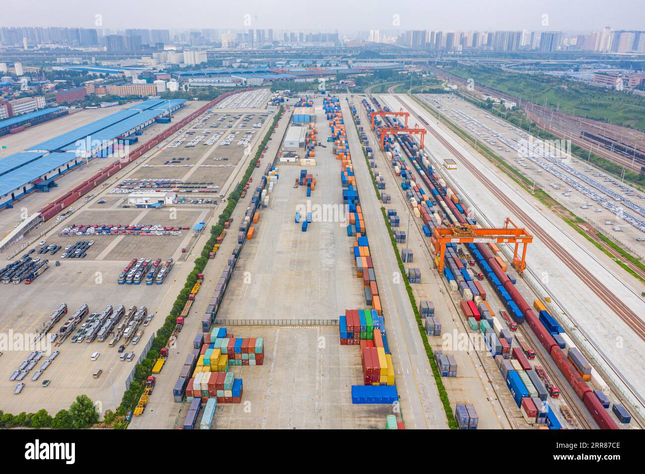 Aerial photo shows the railway inland port in Zhengzhou City, central ...
