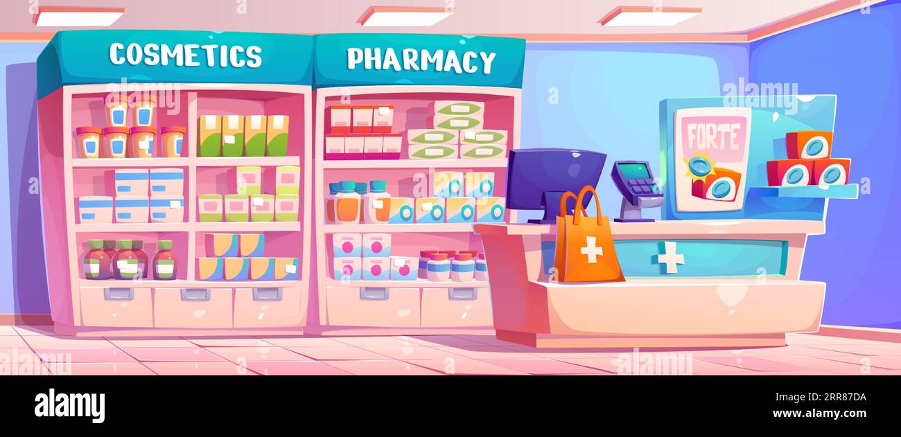 Cartoon pharmacy interior with drugs on shelves. Vector illustration of ...