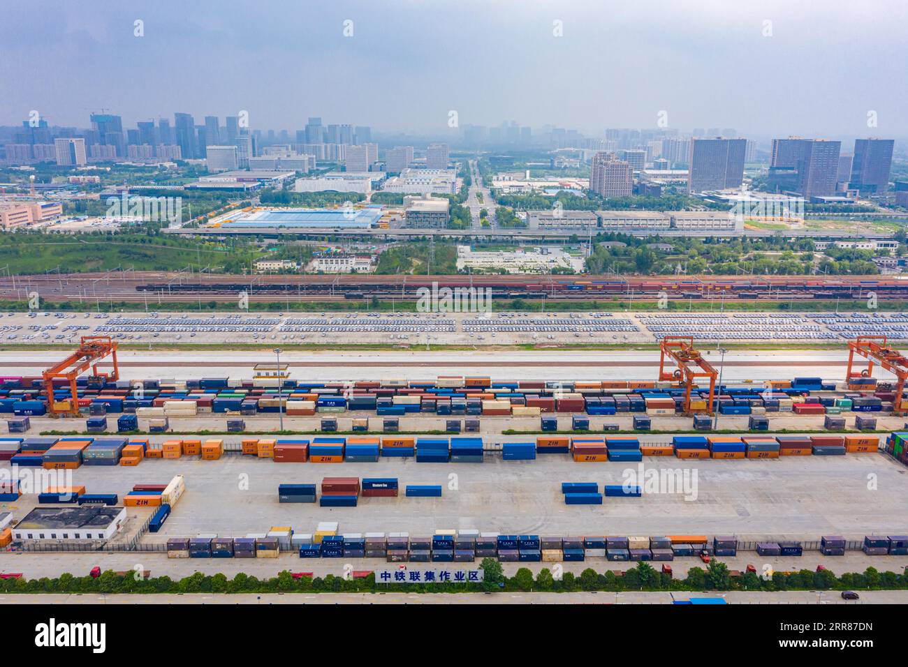 Aerial photo shows the railway inland port in Zhengzhou City, central ...