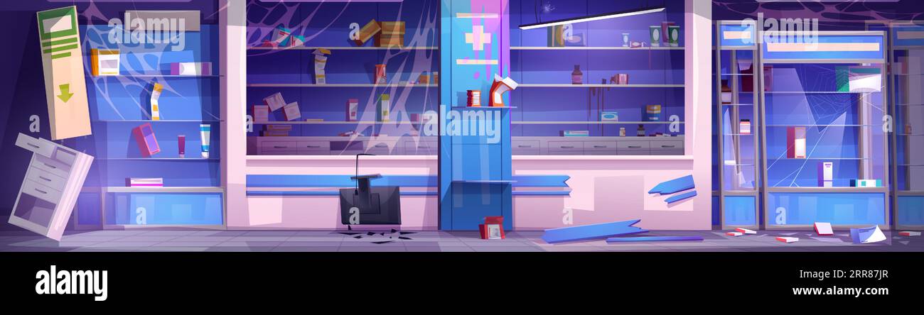 Broken and abandoned pharmacy from inside - cracked glass showcases ...